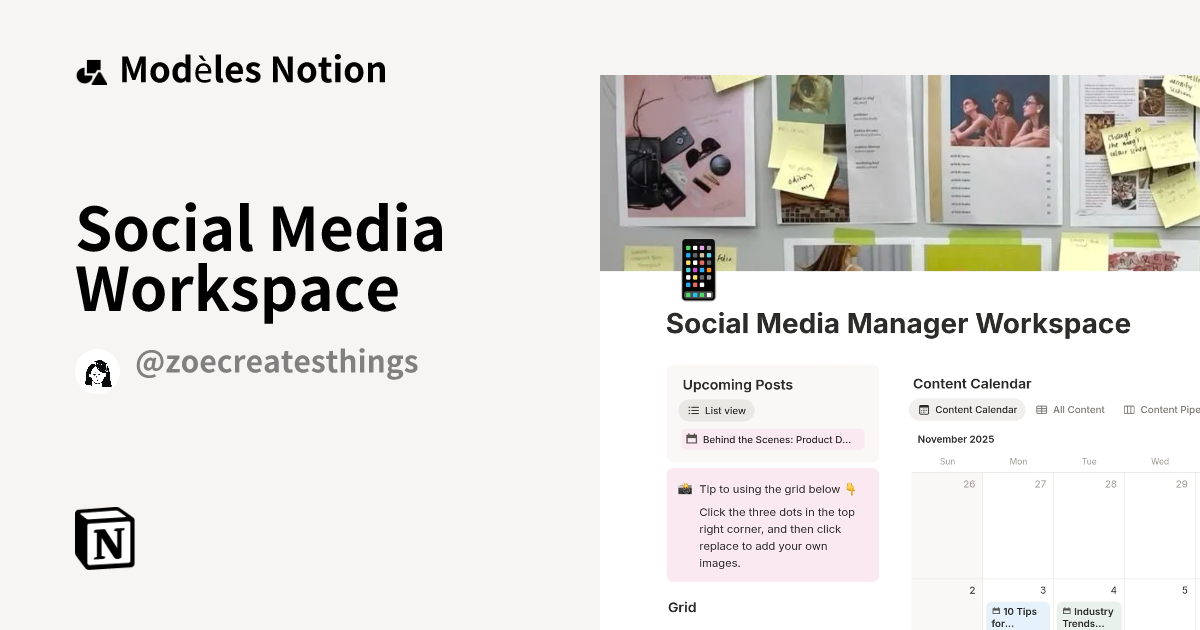 Social Media Workspace | Modèle créé par Zoe | Marketplace Notion
