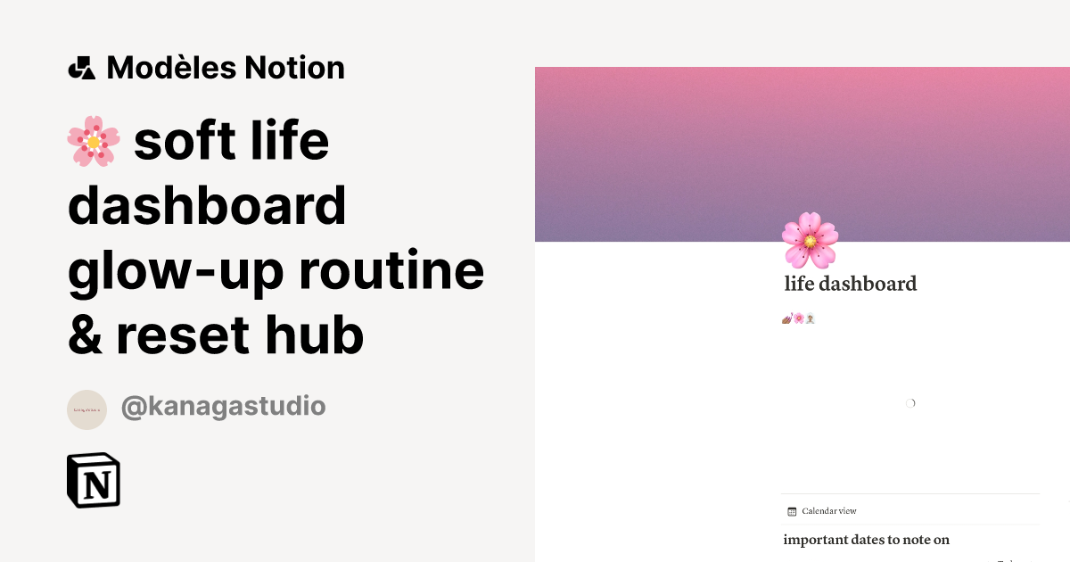 Modèle 🌸 soft life dashboard glow-up routine & reset hub | Marketplace Notion