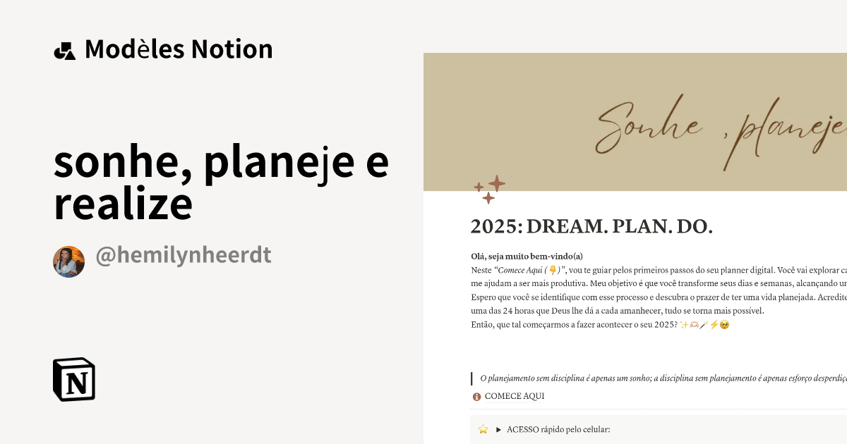 sonhe, planeje e realize | Modèle créé par Hemilyn Heerdt | Marketplace Notion