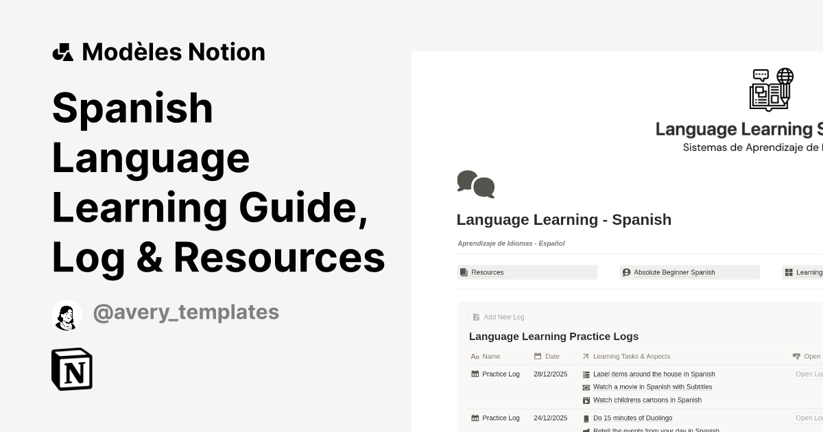 Modèle Spanish Language Learning Guide, Log & Resources | Marketplace ...