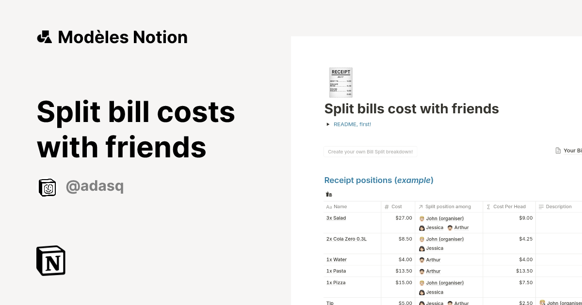 Modèle Split bill costs with friends | Marketplace Notion