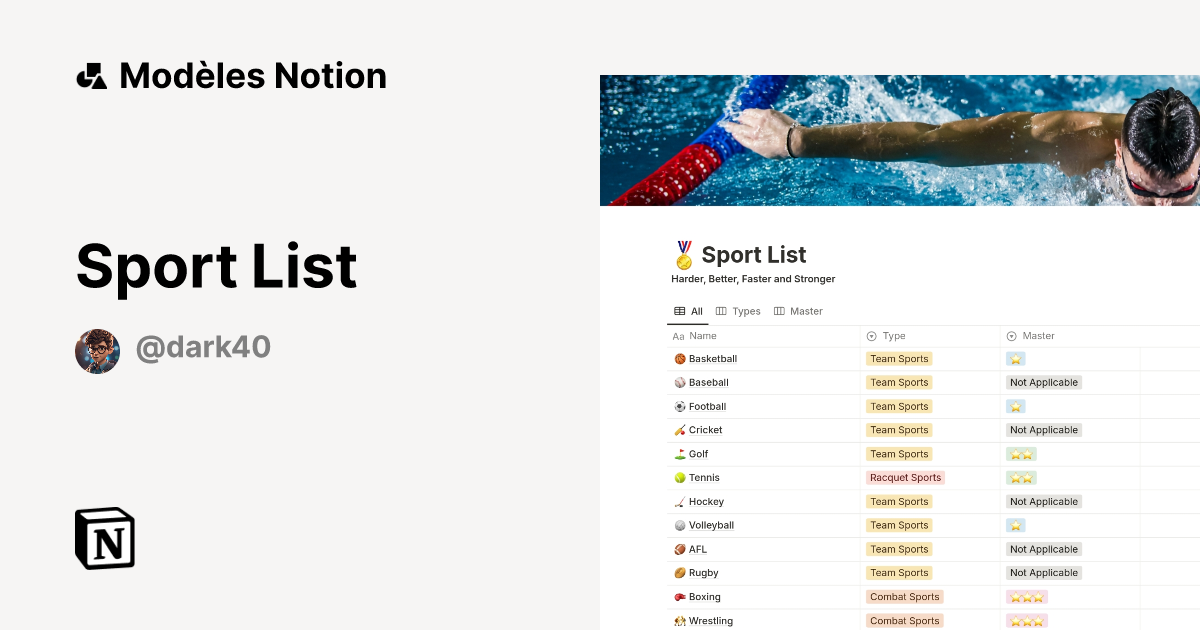 Modèle Sport List | Marketplace Notion