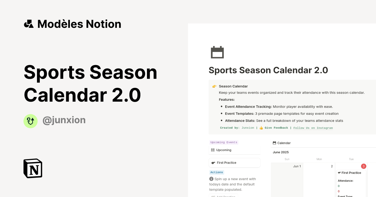 Sports Season Calendar 2.0 | Modèle créé par Junxion | Marketplace Notion