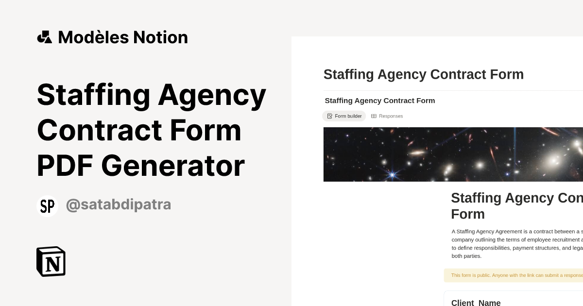 Modèle Staffing Agency Contract Form PDF Generator | Marketplace Notion