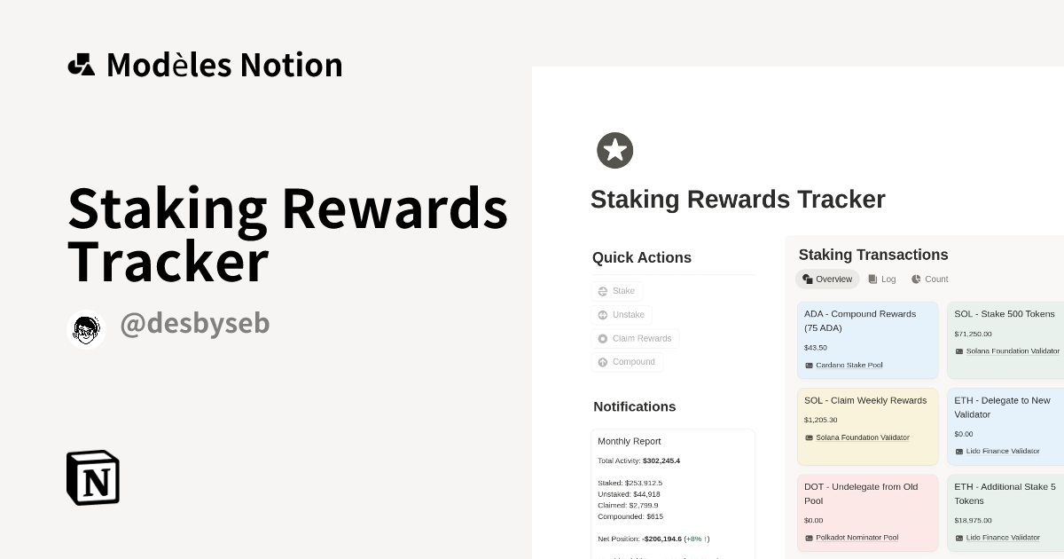 Staking Rewards Tracker | Modèle créé par desbyseb | Marketplace Notion