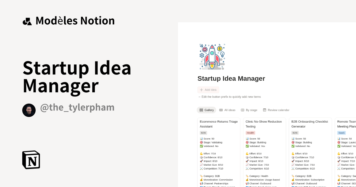 Startup Idea Manager | Modèle créé par Tyler Pham | Marketplace Notion