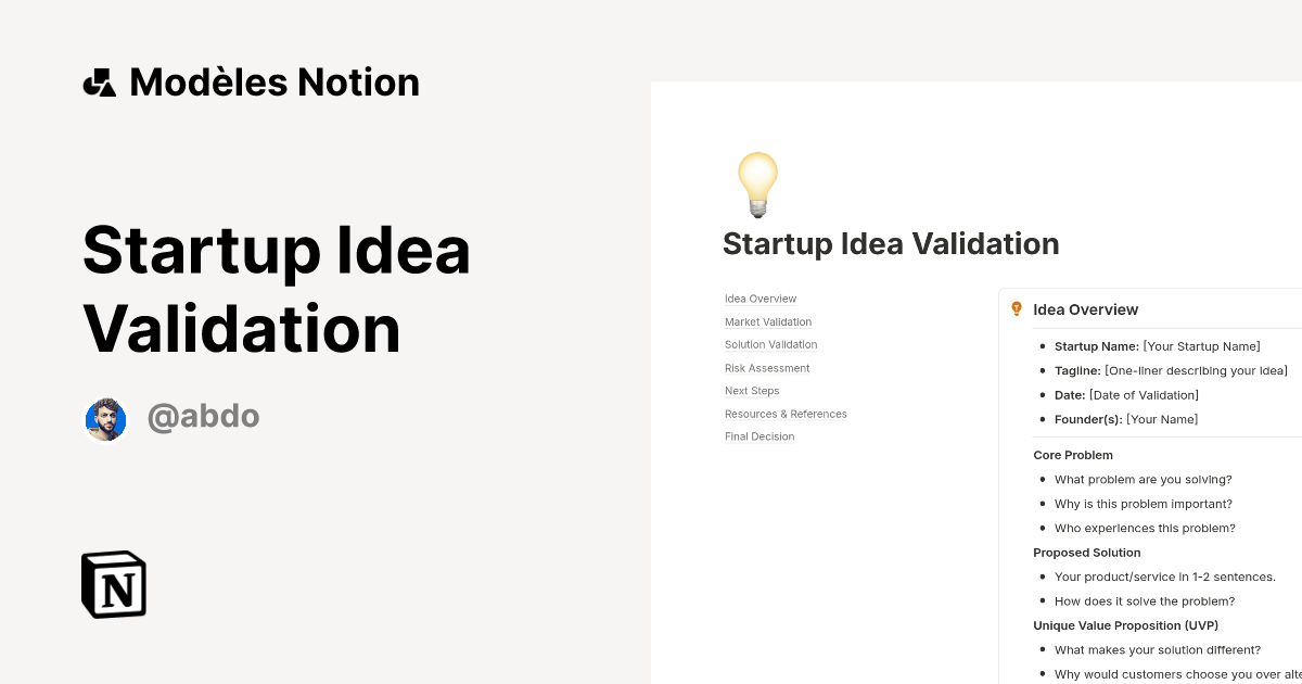 Startup Idea Validation | Modèle créé par Abdo Karmalla | Marketplace Notion