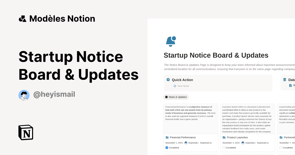 Modèle Startup Notice Board & Updates | Marketplace Notion
