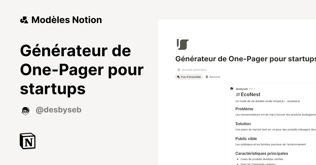 Modèle Startup One-Pager Generator | Marketplace Notion