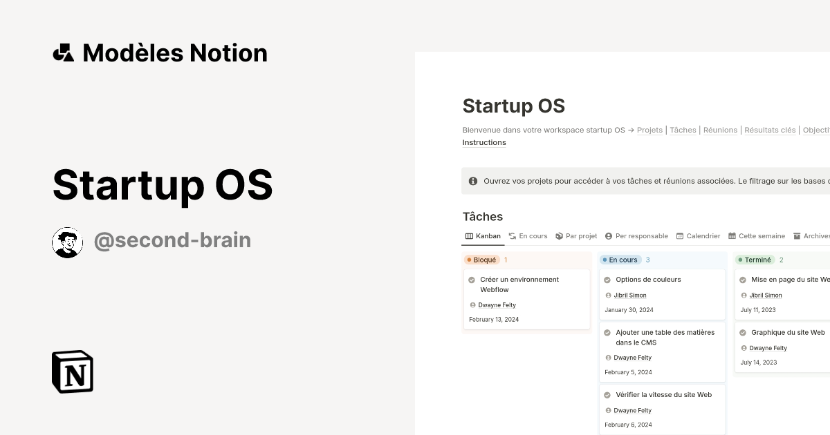 Startup OS | Modèle créé par Second Brain | Marketplace Notion