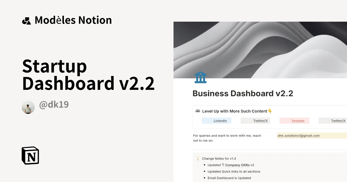 Modèle Startup Dashboard v1.2 | Marketplace Notion