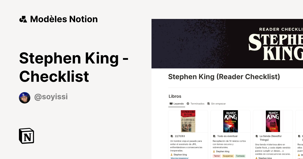 Stephen King - Checklist | Modèle créé par SoyISSI | Marketplace Notion