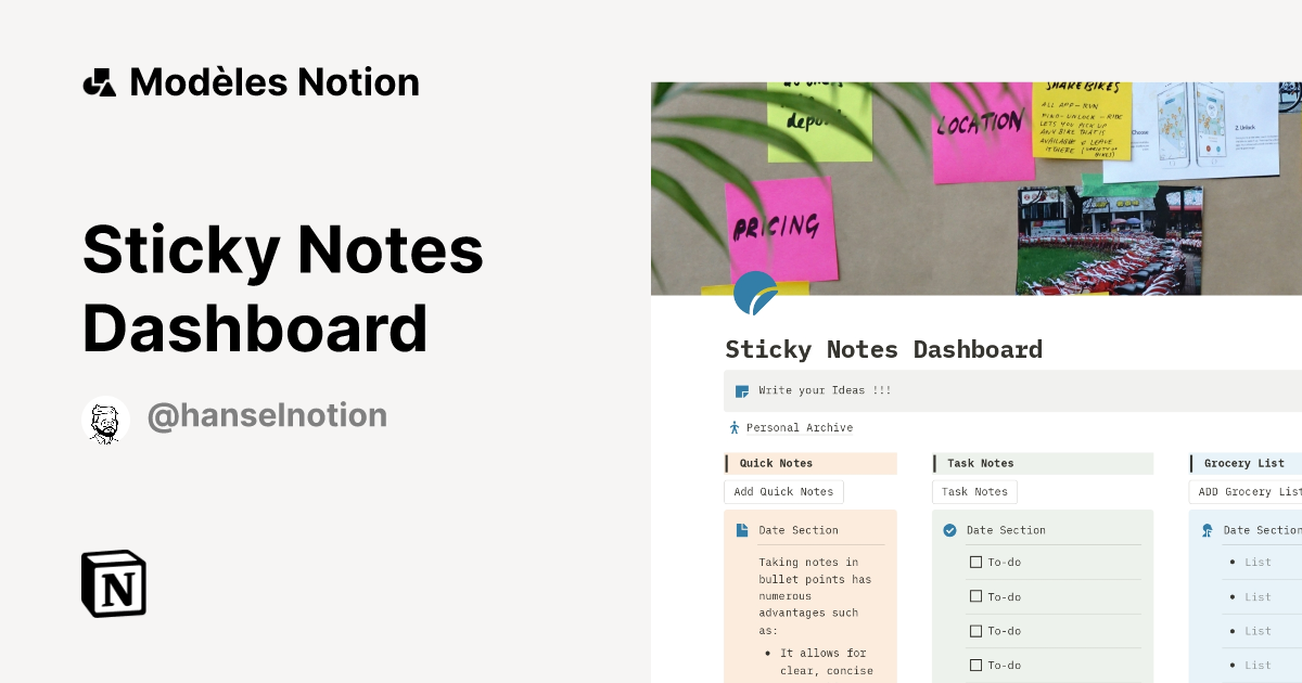Modèle Sticky Notes Dashboard | Marketplace Notion