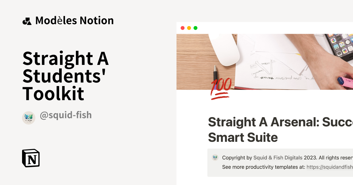 Straight A Students' Toolkit | Modèle créé par Squid & Fish | Marketplace Notion