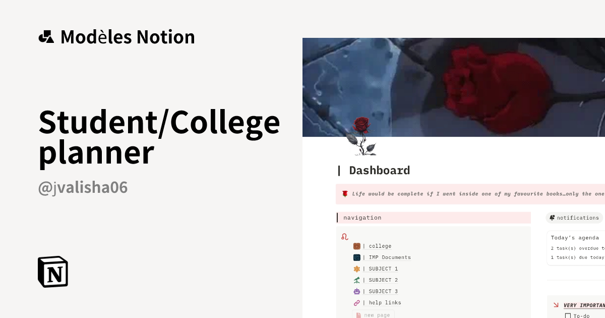 Student/College planner | Modèle créé par J.V. Alisha | Marketplace Notion