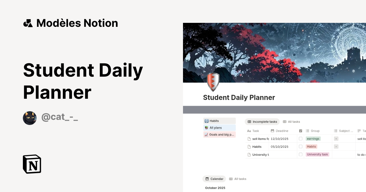 Student Daily Planner | Modèle créé par Stylish_cat | Marketplace Notion