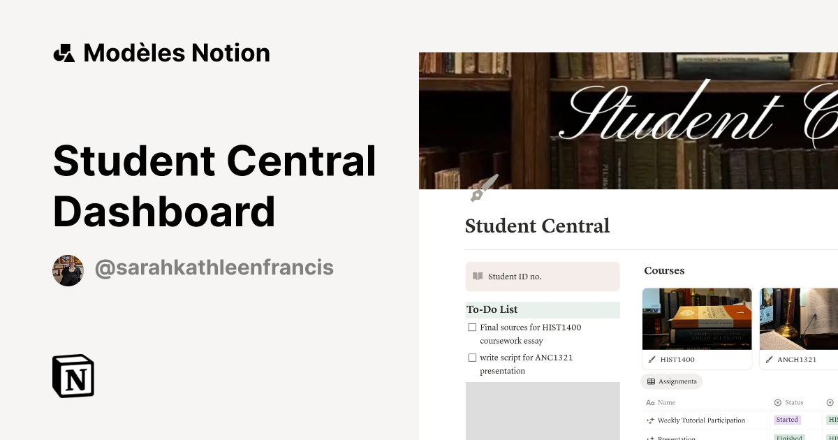 Modèle Student Central Dashboard | Marketplace Notion