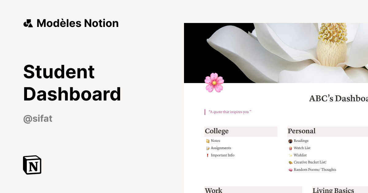 Student Dashboard | Modèle créé par Sif | Marketplace Notion