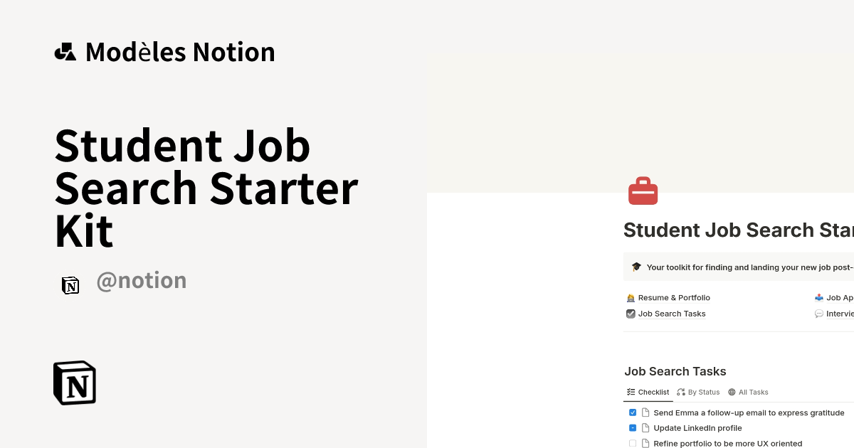 Modèle Student Job Search Starter Kit 2026 | Marketplace Notion