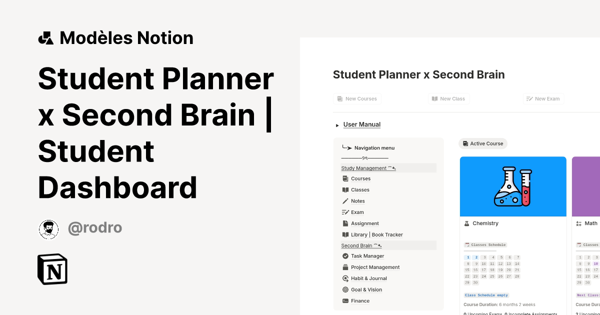 Modèle Student Planner x Second Brain | Student Dashboard | Marketplace Notion