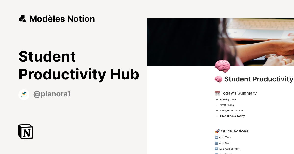 Student Productivity Hub | Modèle créé par Planora | Marketplace Notion