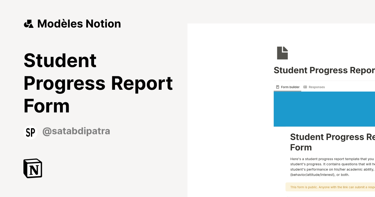 Modèle Student Progress Report Form | Marketplace Notion