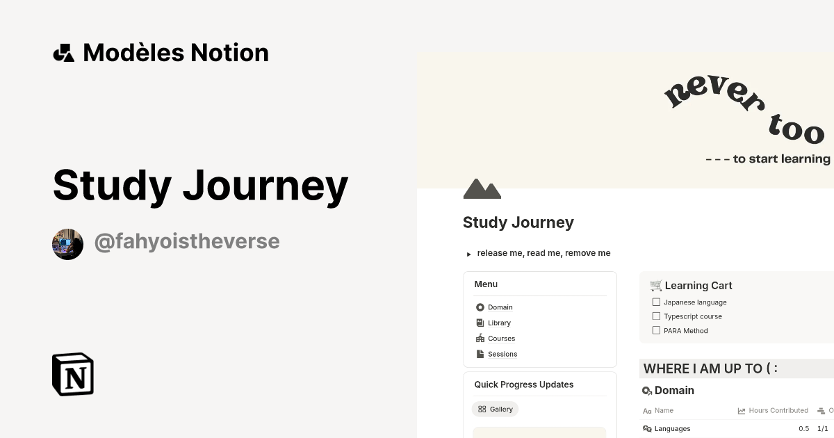 Study Journey | Modèle créé par The Fahyoi's Verse | Marketplace Notion