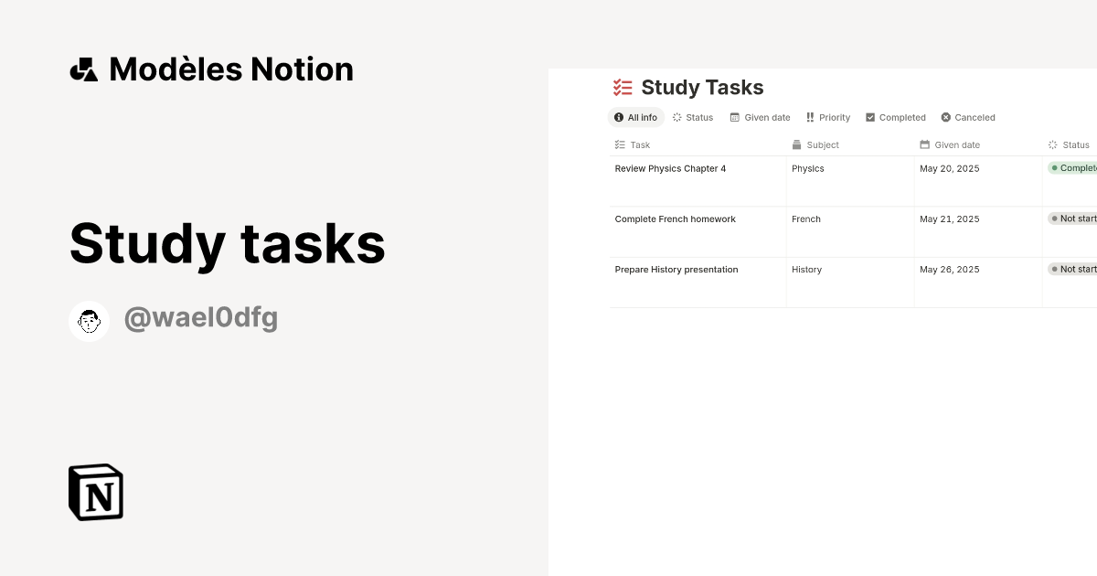 Study tasks | Modèle créé par Wael0dfg | Marketplace Notion