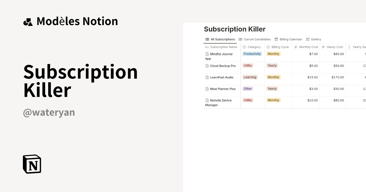 Modèle Subscription Killer | Marketplace Notion