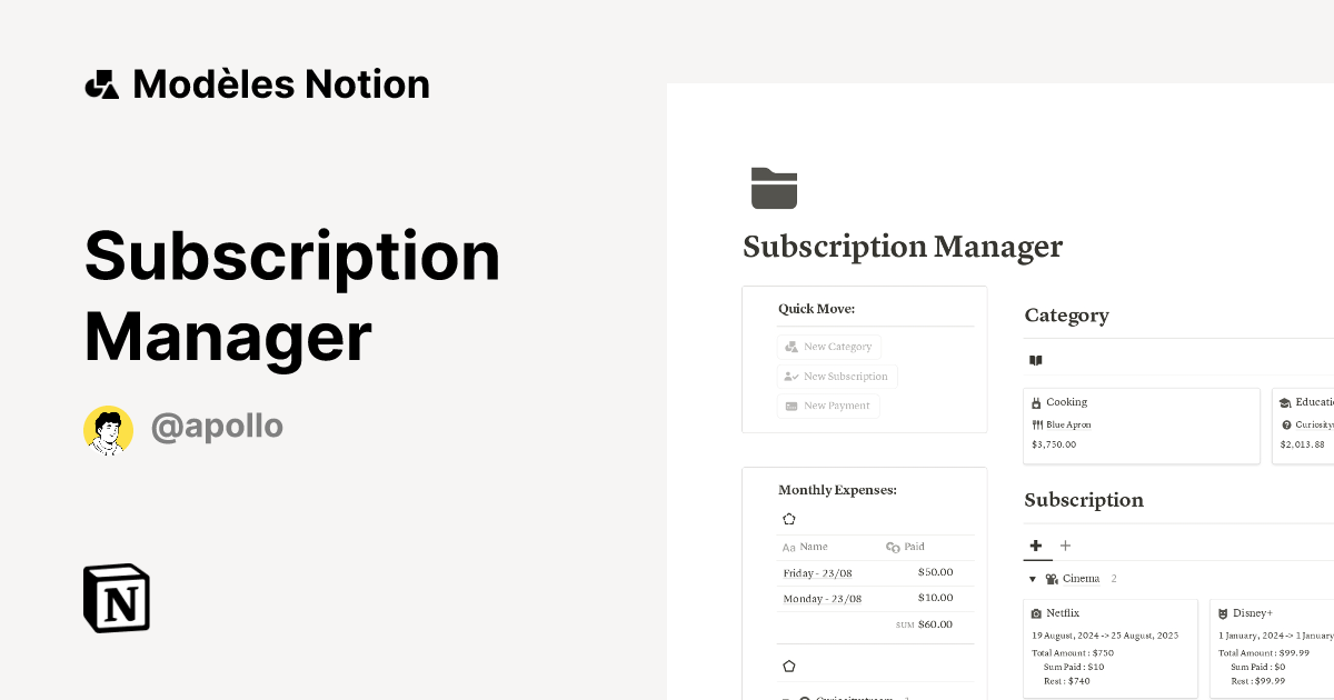 Subscription Manager | Modèle créé par Apollo | Marketplace Notion