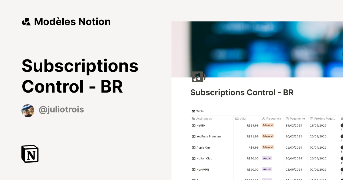 Modèle Subscriptions Control - BR | Marketplace Notion
