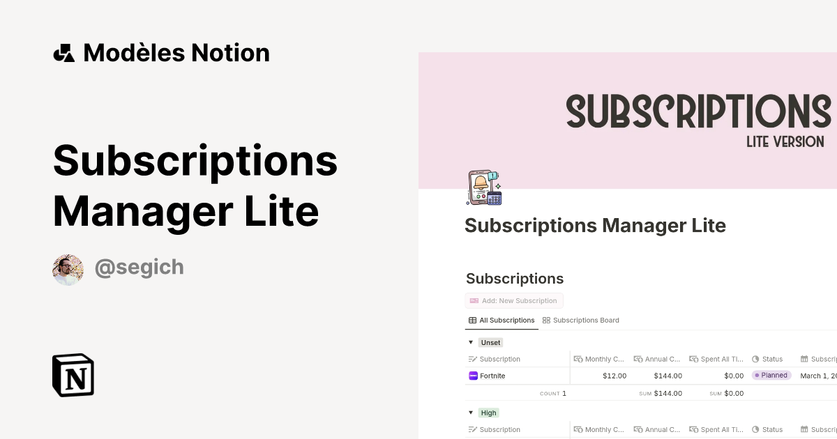 Modèle Subscriptions Manager Lite | Marketplace Notion