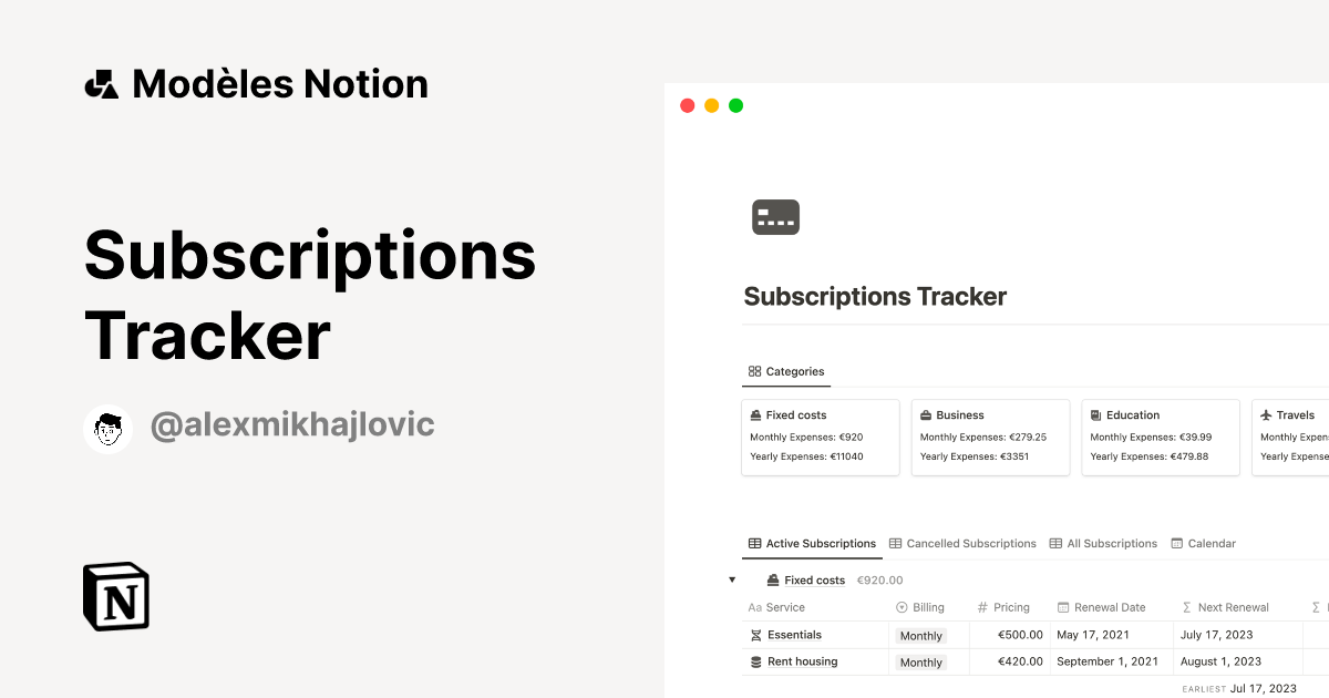 Subscriptions Tracker | Modèle créé par Alex | Marketplace Notion