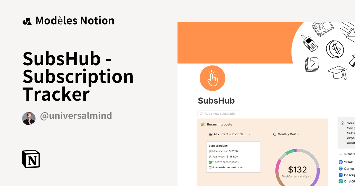 SubsHub - Subscription Tracker | Modèle créé par Pascal Raabe | Marketplace Notion