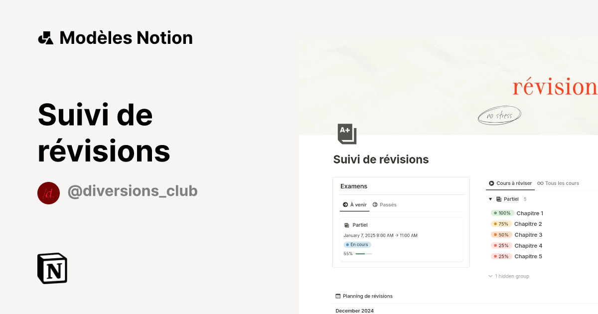 Suivi de révisions | Modèle créé par diversions | Marketplace Notion