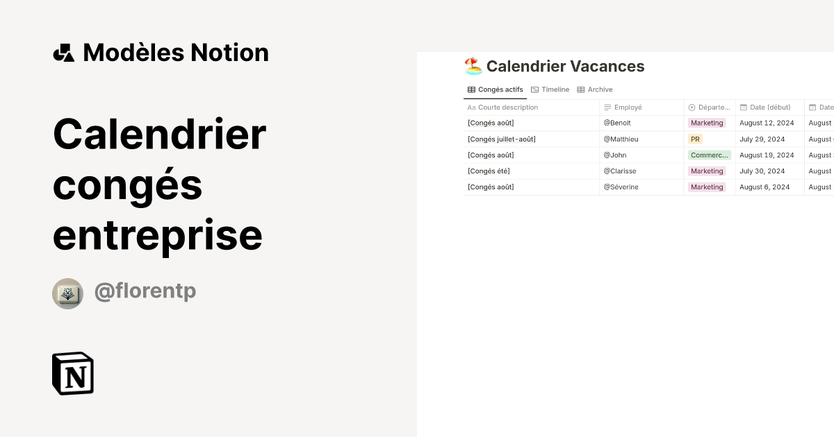 Calendrier congés entreprise | Modèle créé par FlorentP | Marketplace ...