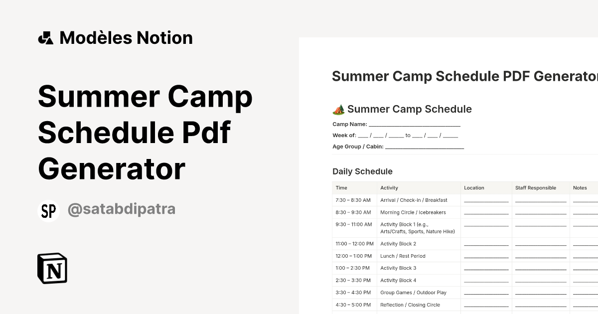 Summer Camp Schedule Pdf Generator | Modèle créé par Satabdi Patra | Marketplace Notion