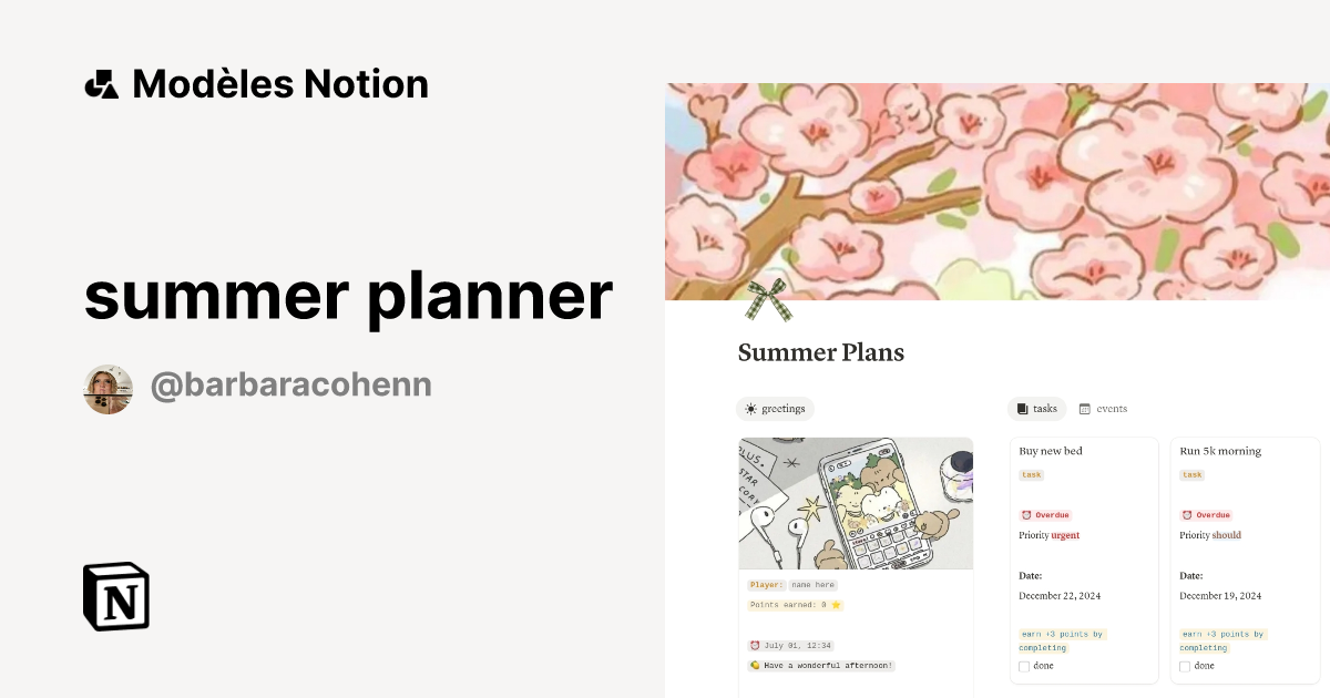 summer planner | Modèle créé par Bárbara cohen | Marketplace Notion