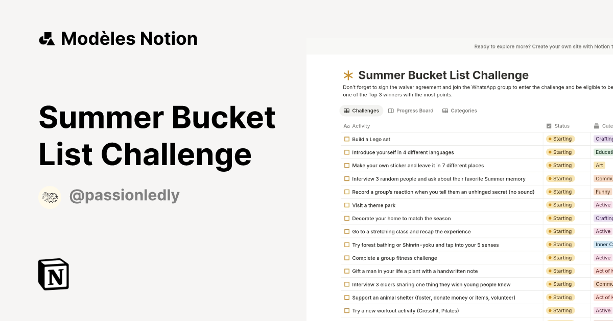 Modèle Summer Bucket List Challenge | Marketplace Notion