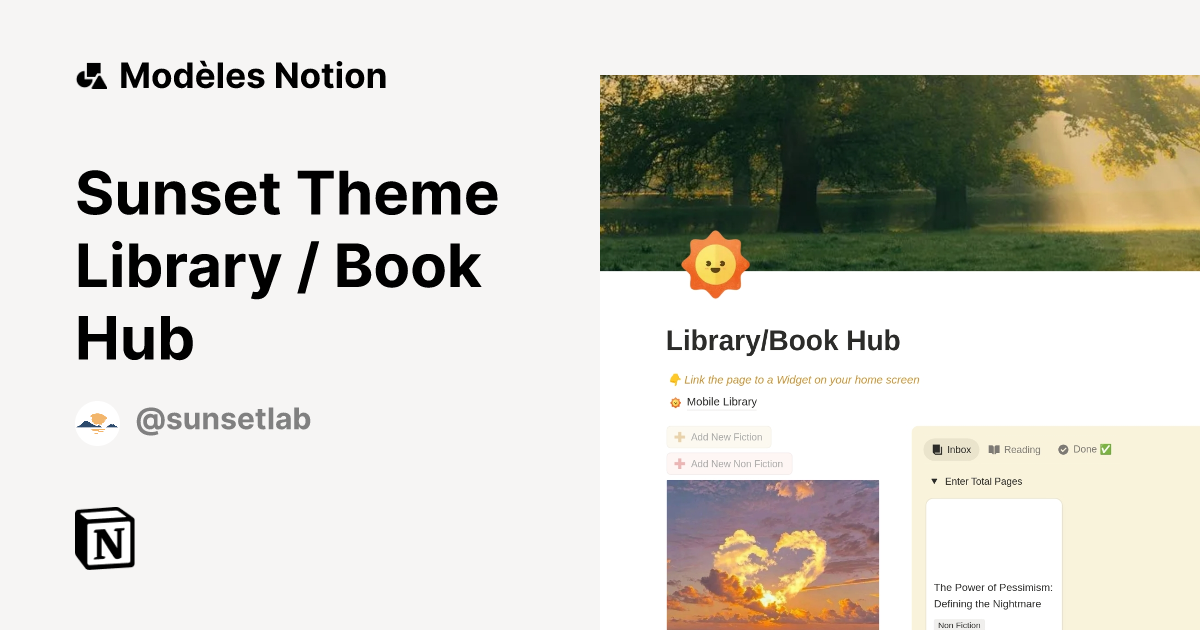 Modèle Sunset Theme Library / Book Hub | Marketplace Notion