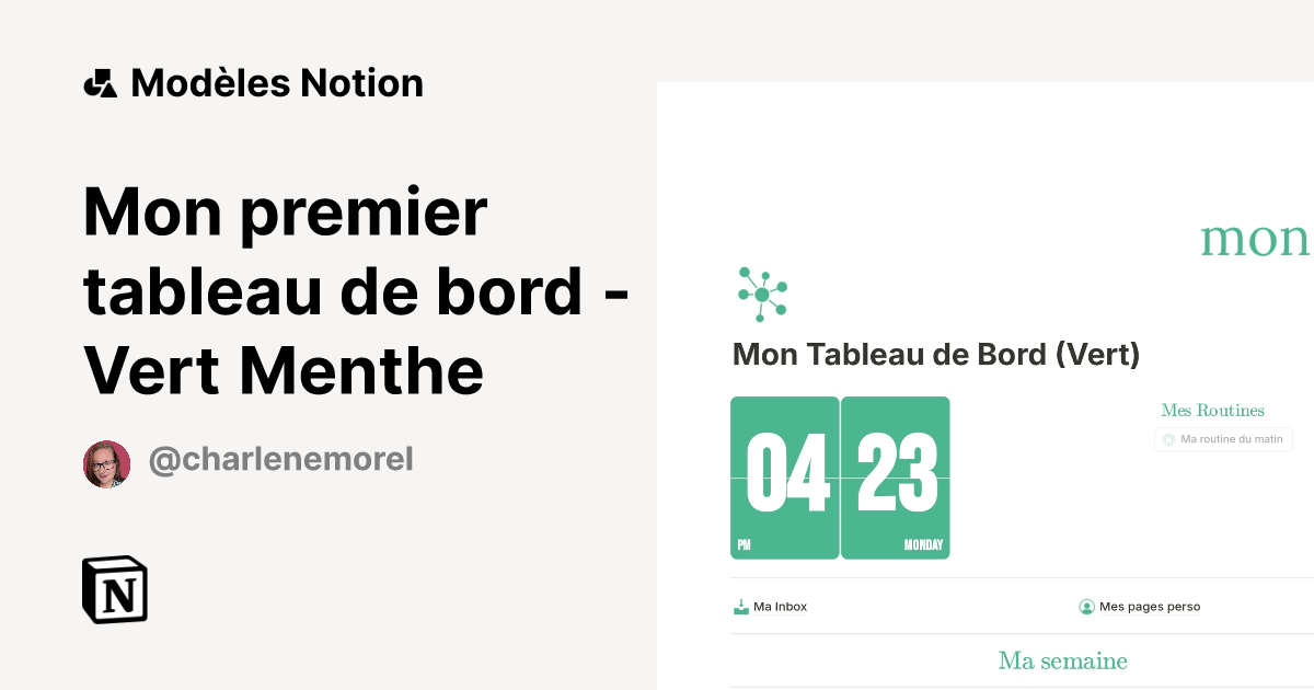Modèle Mon premier tableau de bord - Vert Menthe | Marketplace Notion