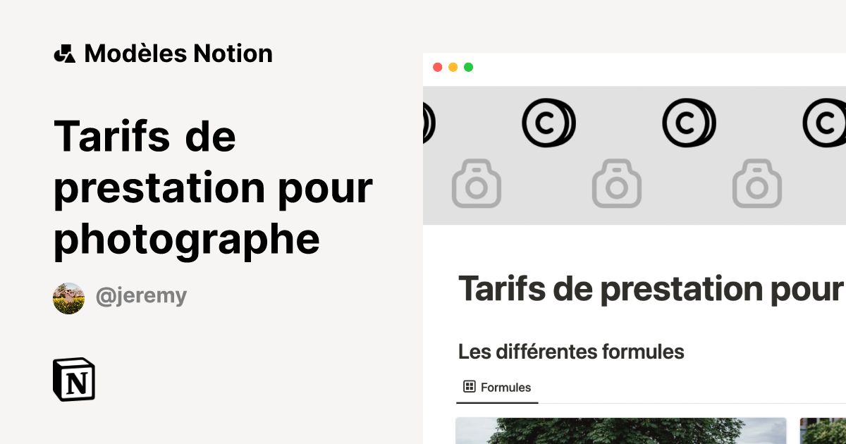 Modèle Tarifs de prestation pour photographe | Marketplace Notion