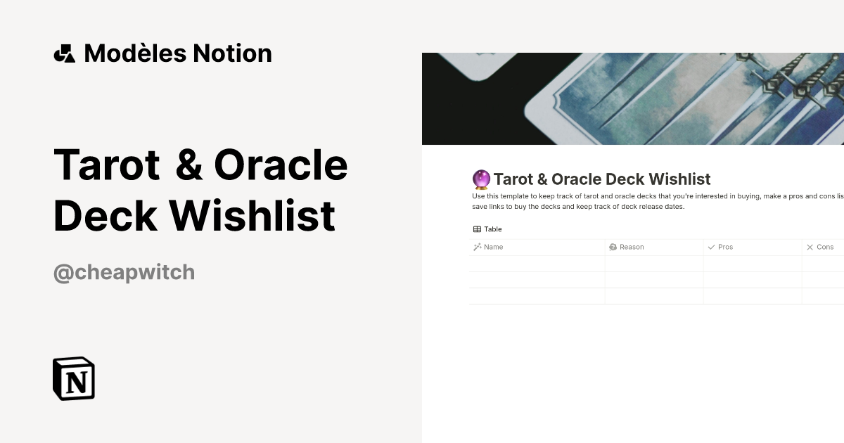 Modèle Tarot & Oracle Deck Wishlist | Marketplace Notion