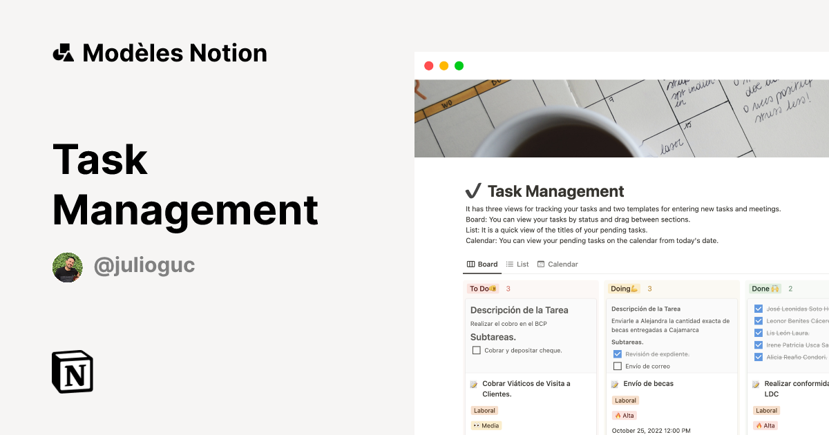 Task Management | Modèle créé par Julio GUC | Marketplace Notion