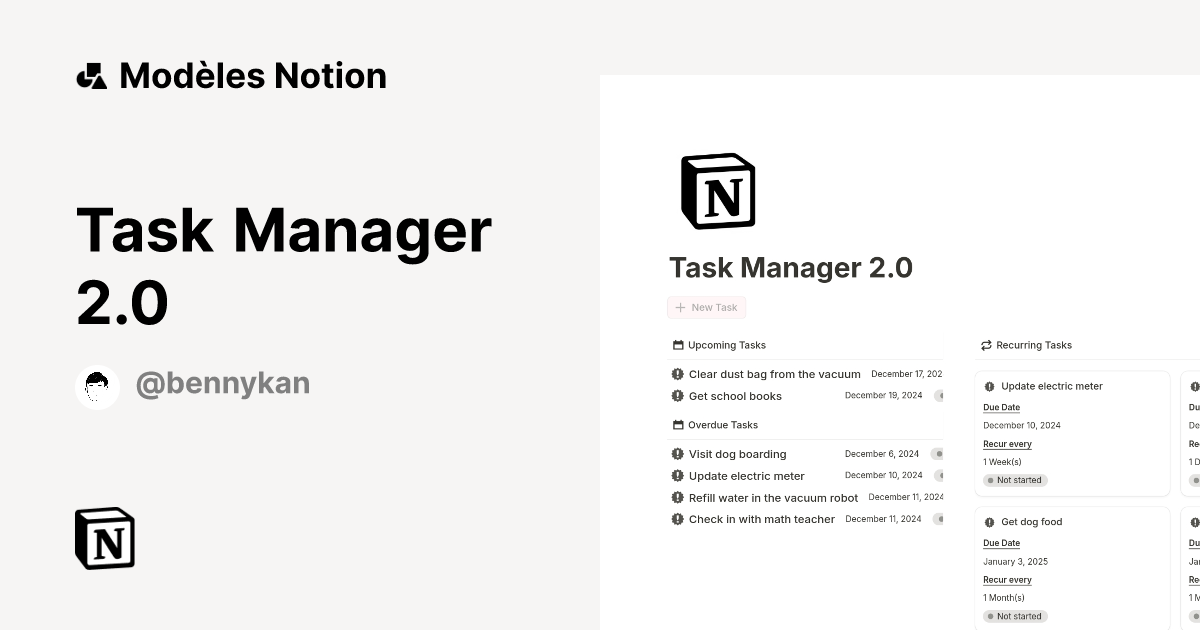 Task Manager 2.0 | Modèle créé par Benny Kan | Marketplace Notion