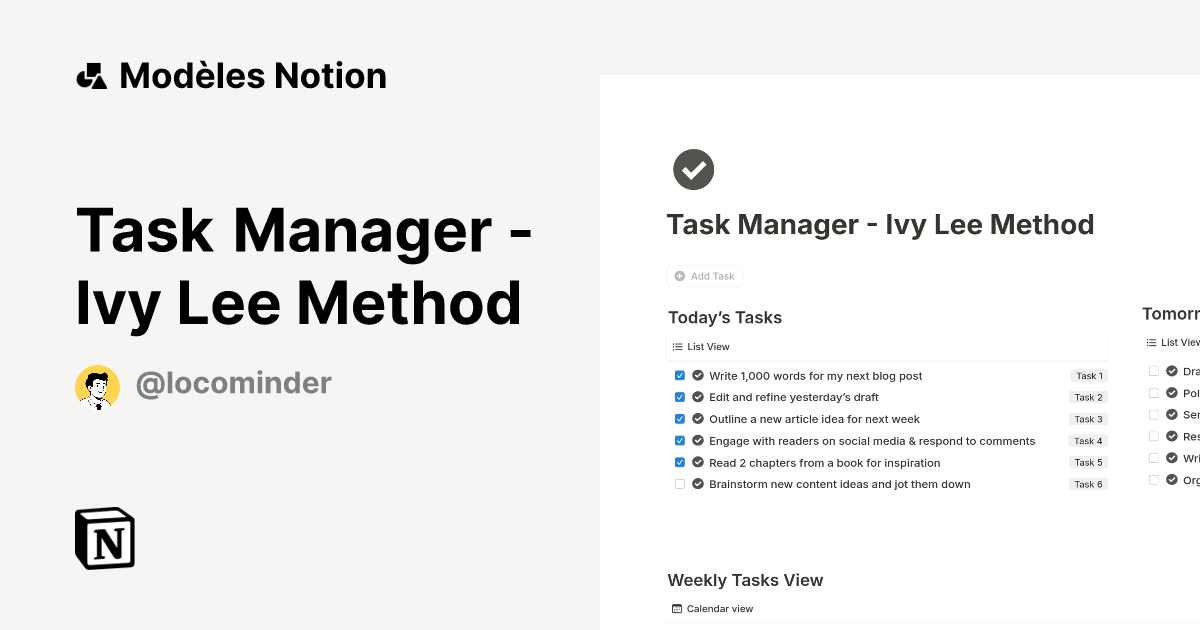 Modèle Task Manager - Ivy Lee Method | Marketplace Notion