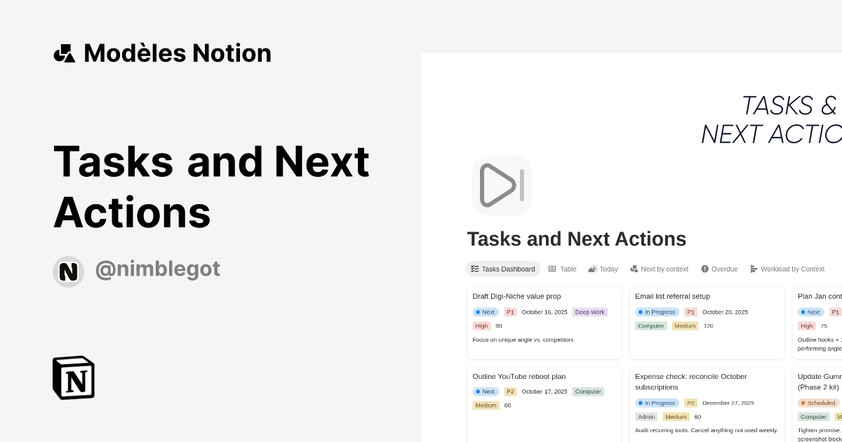 Modèle Tasks and Next Actions | Marketplace Notion