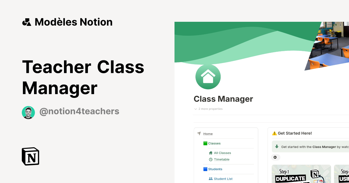 Teacher Class Manager | Modèle créé par Milo | Notion4Teachers | Marketplace Notion