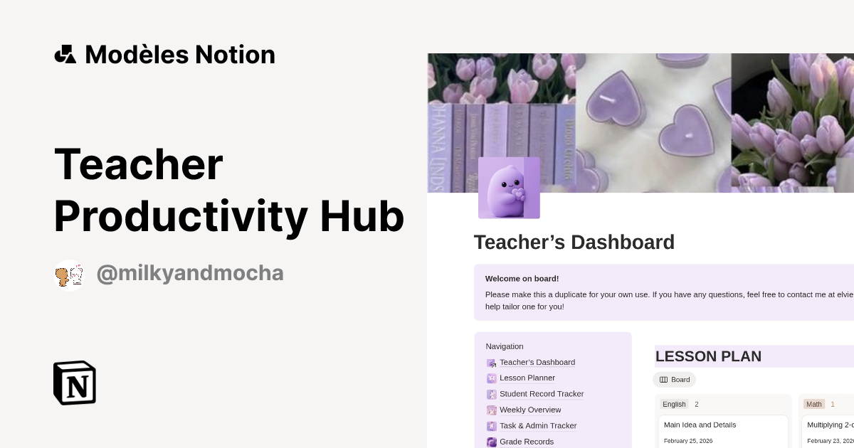 Teacher Productivity Hub | Modèle créé par mochamocha | Marketplace Notion