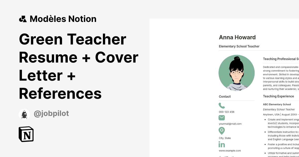 Green Teacher Resume + Cover Letter + References | Modèle créé par Job ...